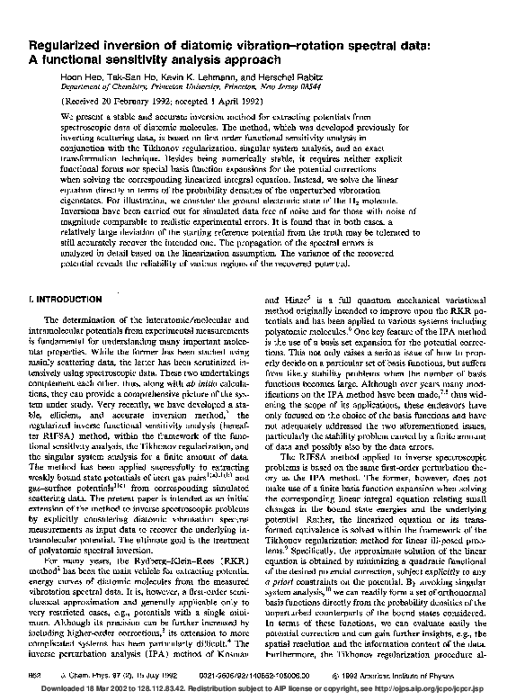 (PDF) Regularized Inversion of Spectral Data in Diatomic Molecules