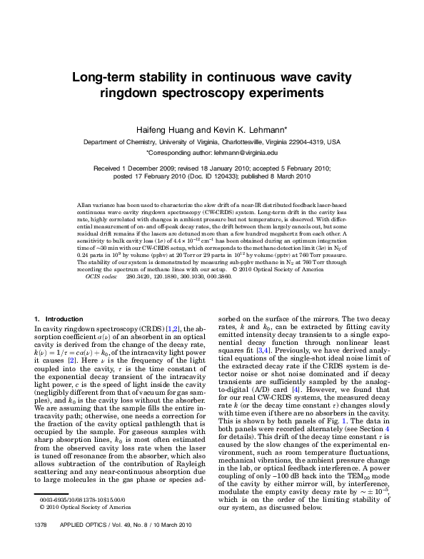 (PDF) Long-term stability in continuous wave cavity ringdown ...