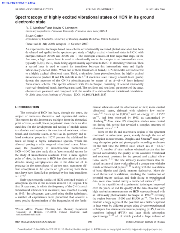 (PDF) Spectroscopy of highly excited vibrational states of HCN in its ...