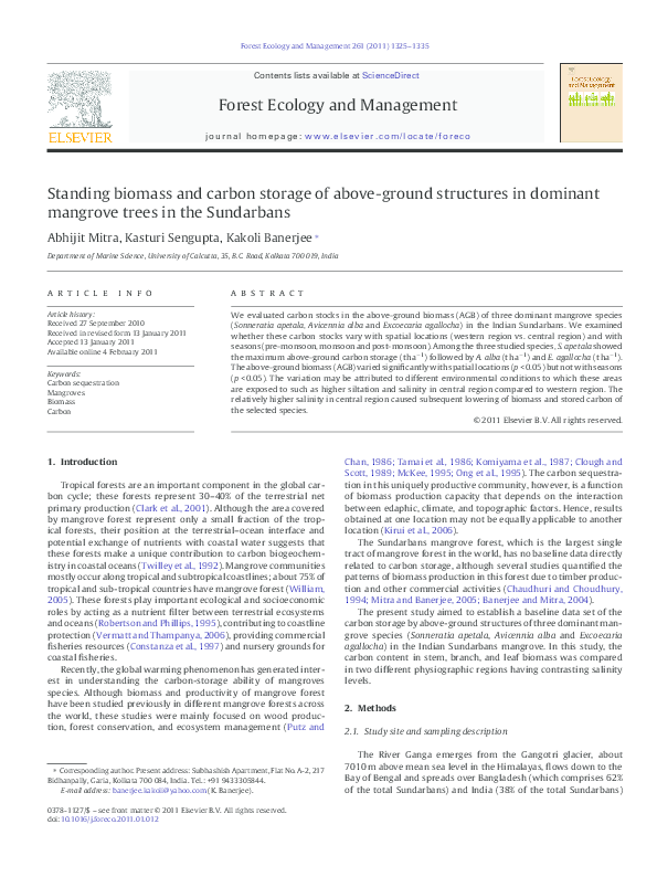 Pdf Standing Biomass And Carbon Storage Of Above Ground Structures In Dominant Mangrove Trees