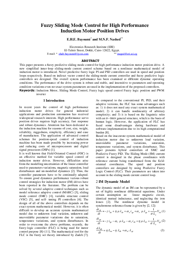 (PDF) Fuzzy Sliding Mode Control for High Performance Induction Motor Position Drives