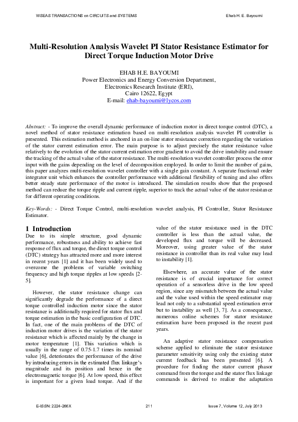 (PDF) Multi-Resolution Analysis Wavelet PI Stator Resistance Estimator for Direct Torque ...