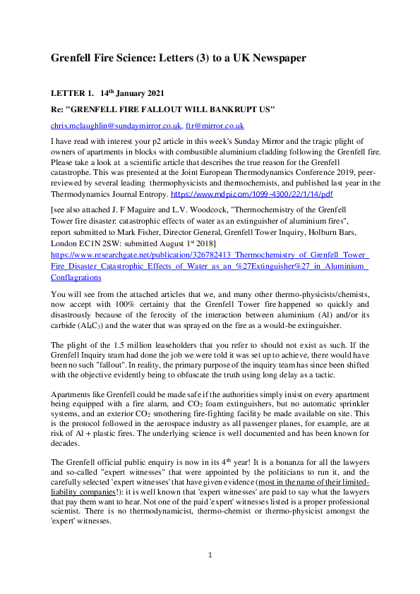 (PDF) Grenfell Fire Science: Letters (3) to a UK Newspaper