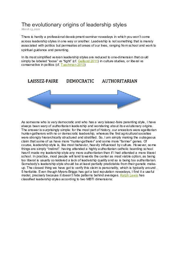 (DOC) The evolutionary origins of leadership styles