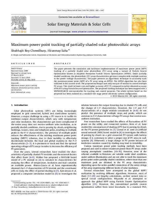 Pdf Mpp Tracking For Partially Shaded Pv Arrays
