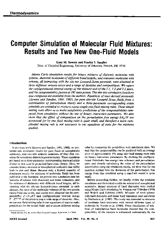 (PDF) Computer simulation of molecular fluid mixtures: Results and two new one-fluid models