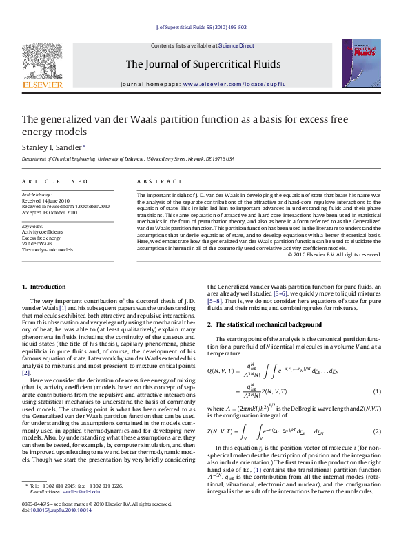 (PDF) The generalized van der Waals partition function as a basis for excess free energy models