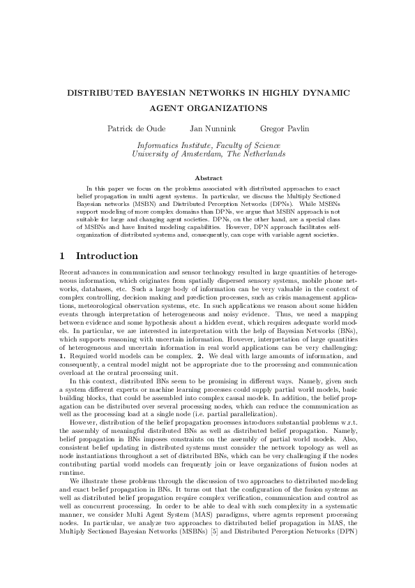 Pdf Distributed Bayesian Networks In Highly Dynamic Agent Organizations