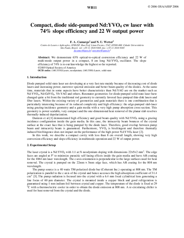 (PDF) Compact, Diode Side-Pumped Nd:YVO4 cw Laser with 74% Slope Efficiency and 22 W Output Power