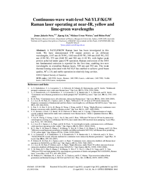 (PDF) Continuous-wave Watt-level Nd:YLF/KGW Raman laser operating at ...