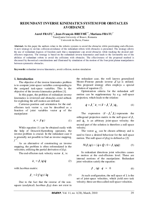 (PDF) Redundant Inverse Kinematics System for Obstacles Avoidance