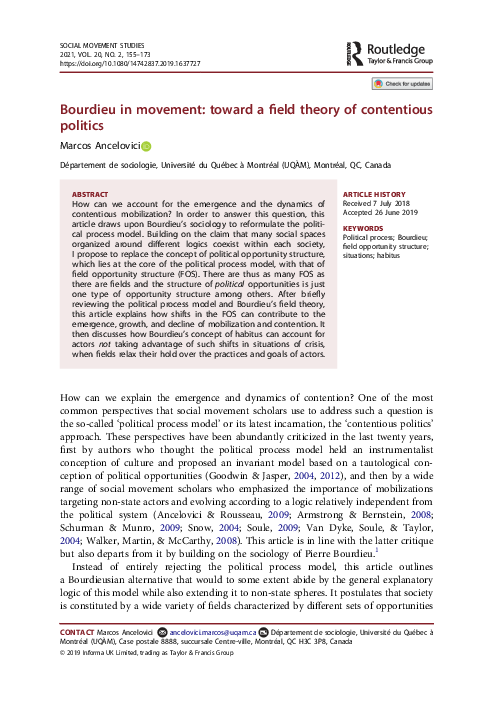 (PDF) Bourdieu in movement: toward a field theory of contentious politics