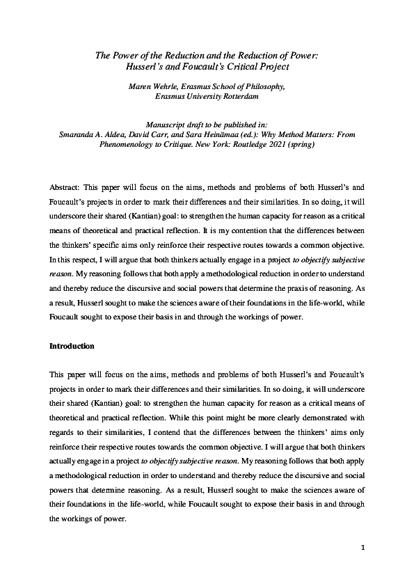 (PDF) The Power of the Reduction and the Reduction of Power: Husserl's ...