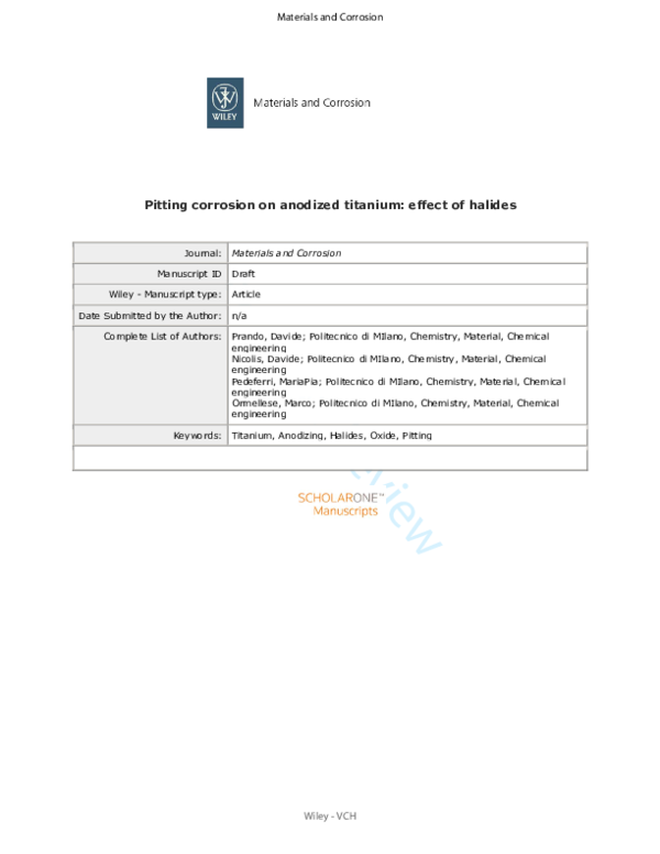 (PDF) Pitting corrosion on anodized titanium: Effect of halides