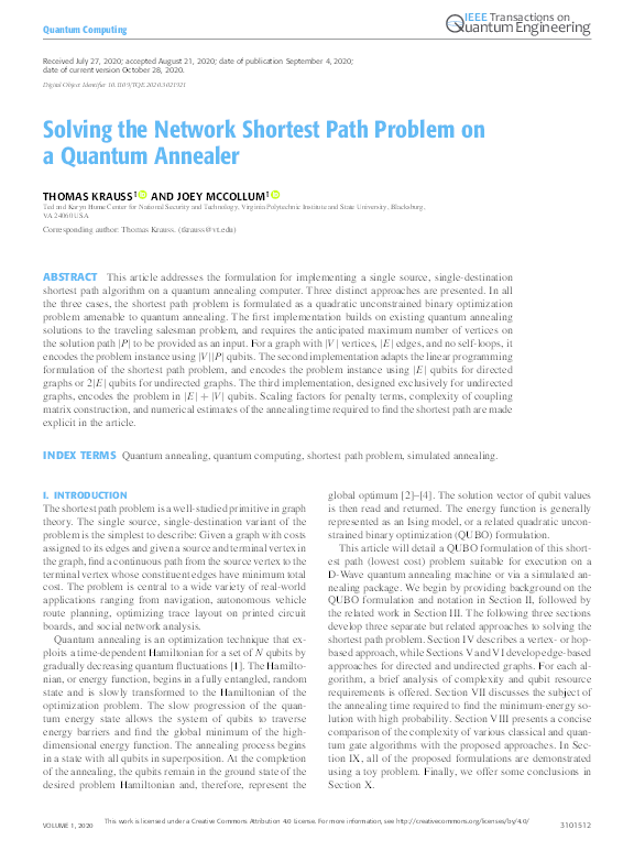 (PDF) Solving the Network Shortest Path Problem on a Quantum Annealer