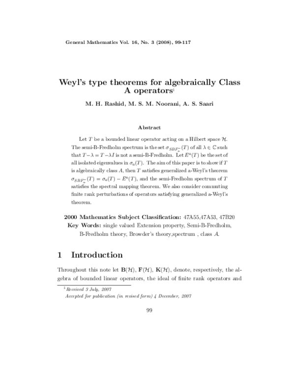 (PDF) Weyl's type theorems for algebraically Class A operators1