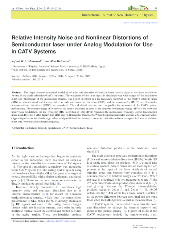 Pdf Relative Intensity Noise And Nonlinear Distortions Of Semiconductor Laser Under Analog