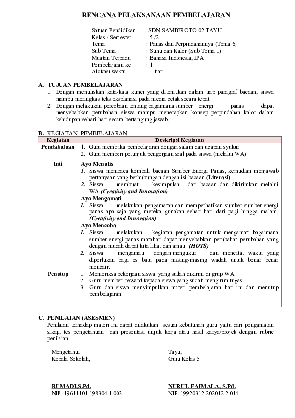 (DOC) RPP DARING TEMA 6 KELAS 5 SD 2020