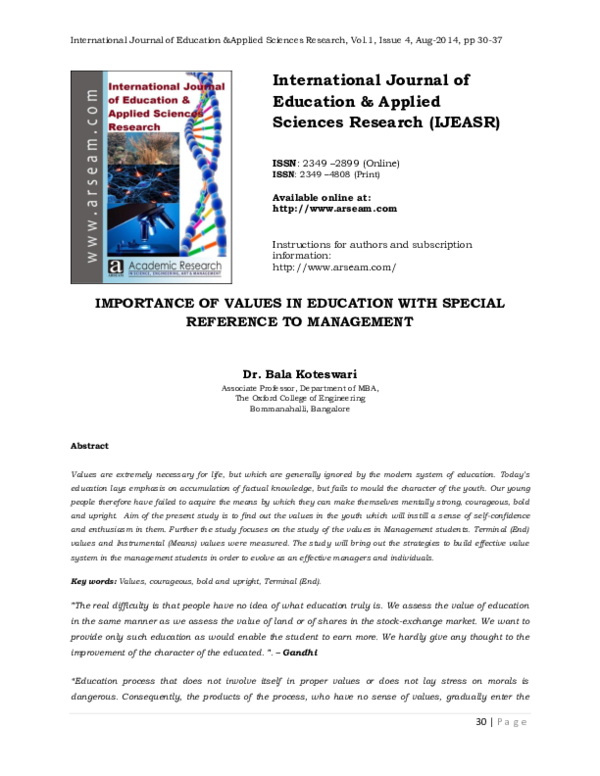 (PDF) IMPORTANCE OF VALUES IN EDUCATION WITH SPECIAL REFERENCE TO ...