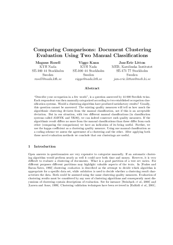 (PDF) Comparing Comparisons: Document Clustering Evaluation Using Two Manual Classifications