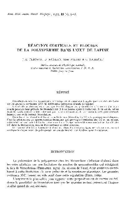 (PDF) Réaction Corticale et Blocage De La Polyspermie Dans L'Œuf De Lapine