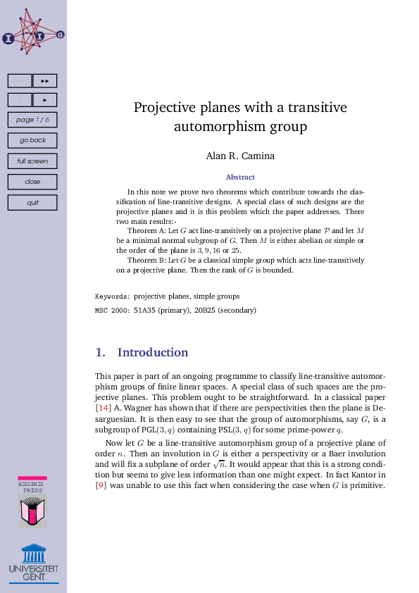 (PDF) Projective planes with a transitive automorphism group
