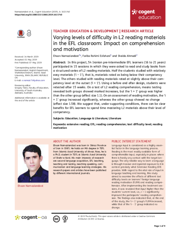 (PDF) Varying levels of difficulty in L2 reading materials in the EFL ...