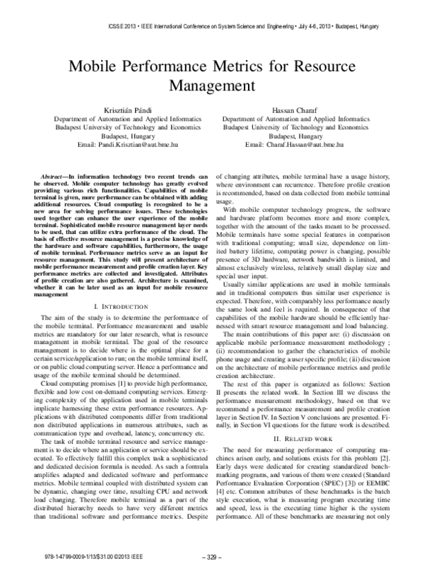 (PDF) Mobile performance metrics for resource management