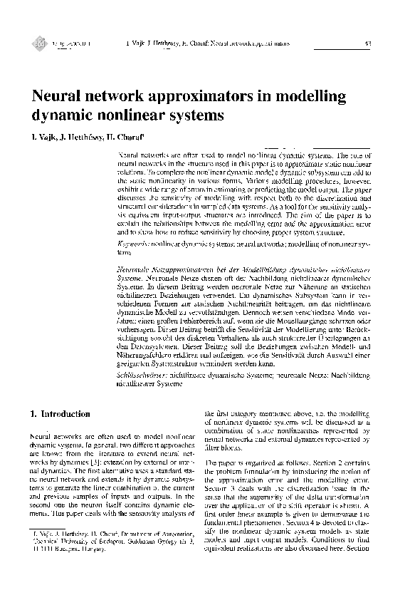 (PDF) Modeling Nonlinear Dynamic Systems with Neural Networks