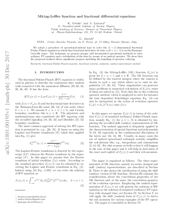 Pdf Mittag Leffler Function And Fractional Differential Equations