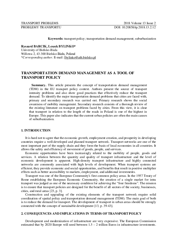 (PDF) Transportation Demand Management as a Tool of Transport Policy