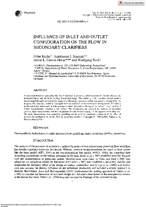 (PDF) Influence of inlet and outlet configuration on the flow in secondary clarifiers
