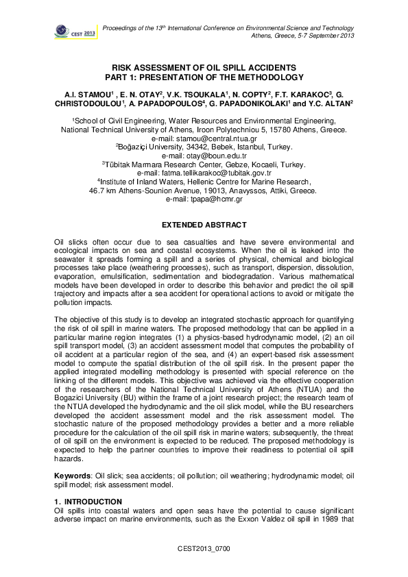 (PDF) Risk Assessment of Oil Spill Accidents Part 1: Presentation of ...