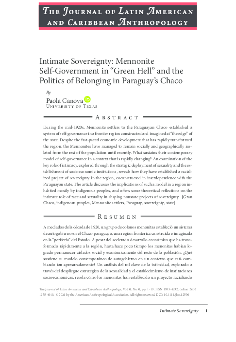 (PDF) Intimate Sovereignty: Mennonite Self-Government in "Green Hell ...