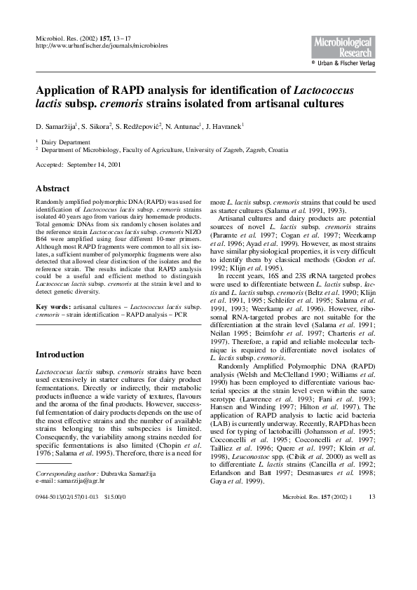 (PDF) Application of RAPD analysis for identification of Lactococcus ...