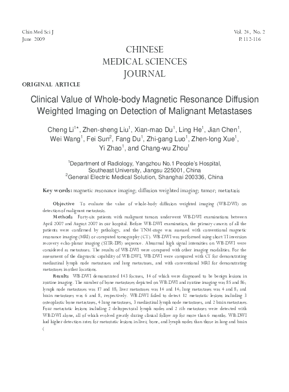 (PDF) Clinical value of whole-body magnetic resonance diffusion weighted imaging on detection of ...