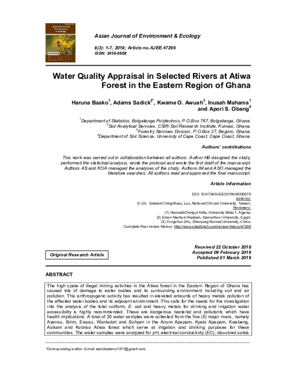 (PDF) Water Quality Appraisal in Selected Rivers at Atiwa Forest in the ...