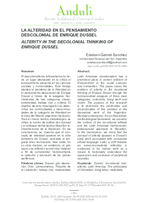 (PDF) La Alteridad en el Pensamiento Descolonial de Enrique Dussel ...