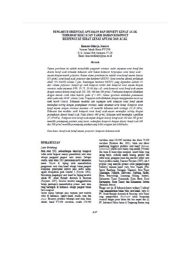 (PDF) Pengaruh Orientasi Anyaman Dan Density Kenaf Acak Terhadap Kekuatan Tarik Bahan Komposit ...