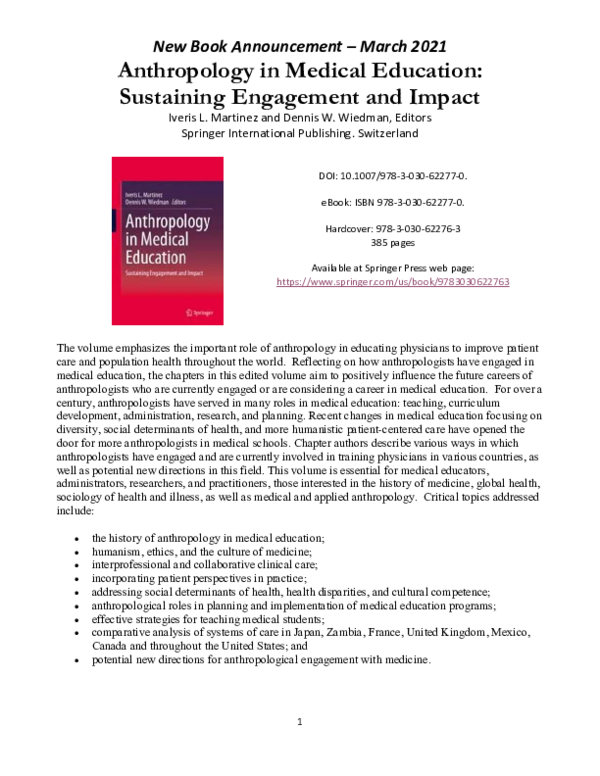 (PDF) Anthropology in Medical Education: Sustaining Engagement and Impact