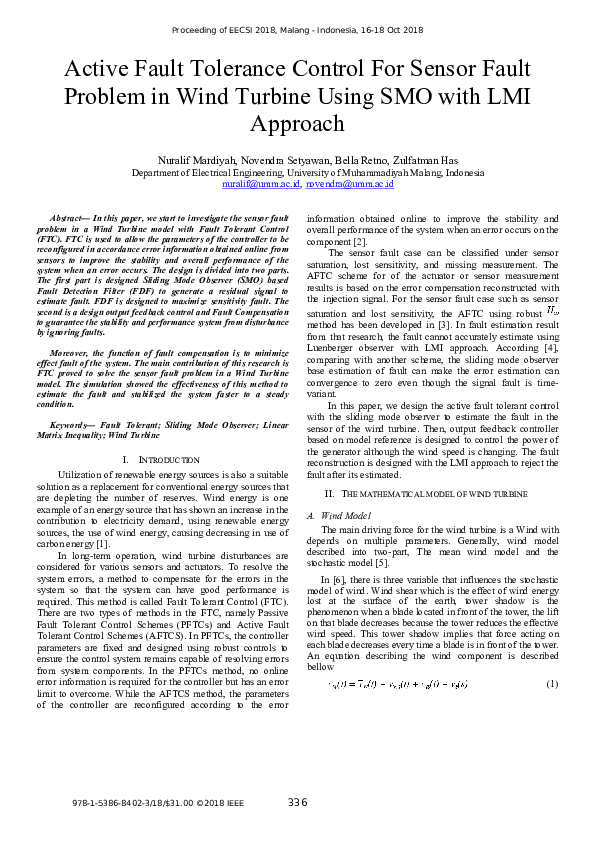 Pdf Active Fault Tolerance Control For Sensor Fault Problem In Wind Turbine Using Smo With Lmi
