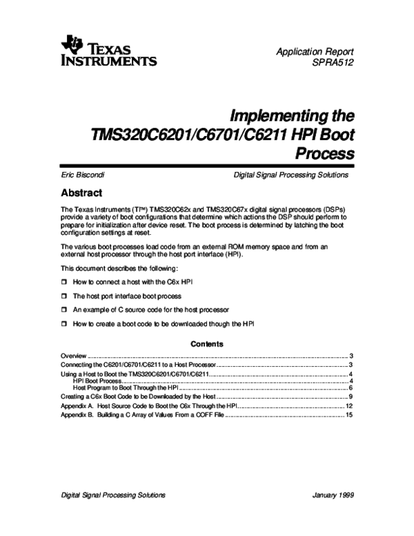 Pdf Implementing The Tms320c6201 C6701 C6211 Hpi Boot Process