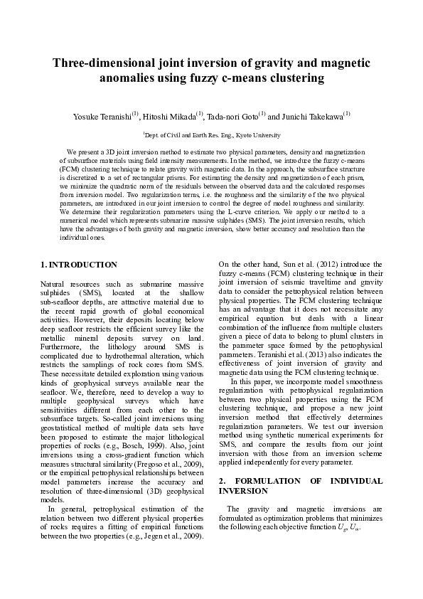 Pdf Three Dimensional Joint Inversion Of Gravity And Magnetic Anomalies Using Fuzzy C Means