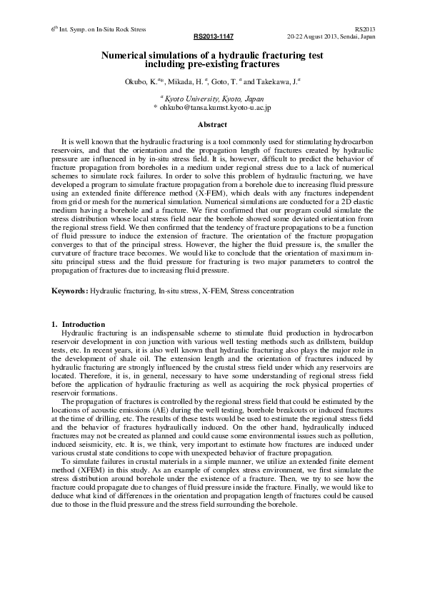 Pdf Numerical Simulations Of A Hydraulic Fracturing Test Including Pre Existing Fractures