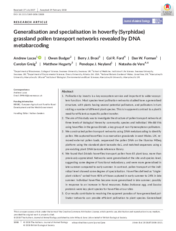 (PDF) Generalisation and specialisation in hoverfly (Syrphidae ...