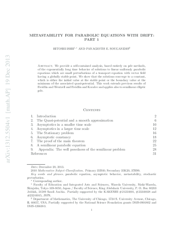 (PDF) Metastability for parabolic equations with drift: part 1
