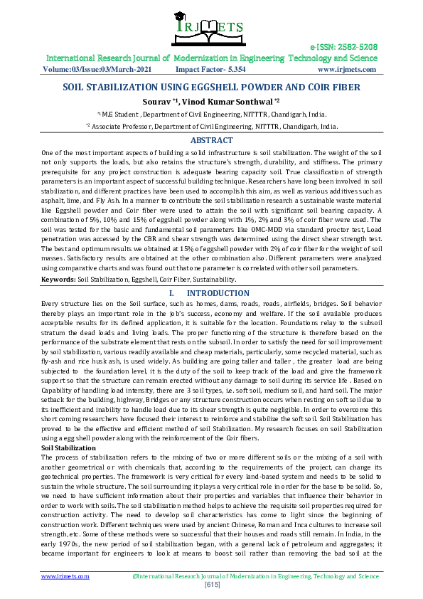 (PDF) SOIL STABILIZATION USING EGGSHELL POWDER AND COIR FIBER
