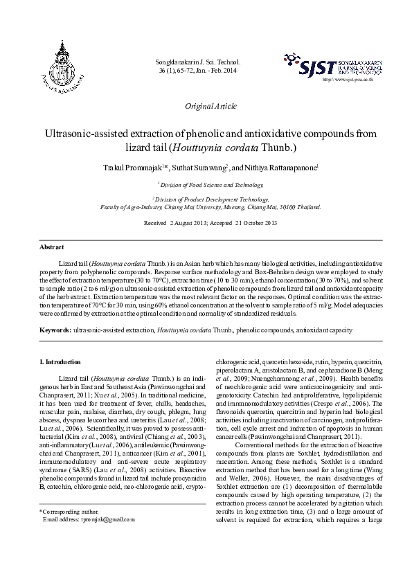 (PDF) Ultrasonic-assisted extraction of phenolic and antioxidative compounds from lizard tail ...
