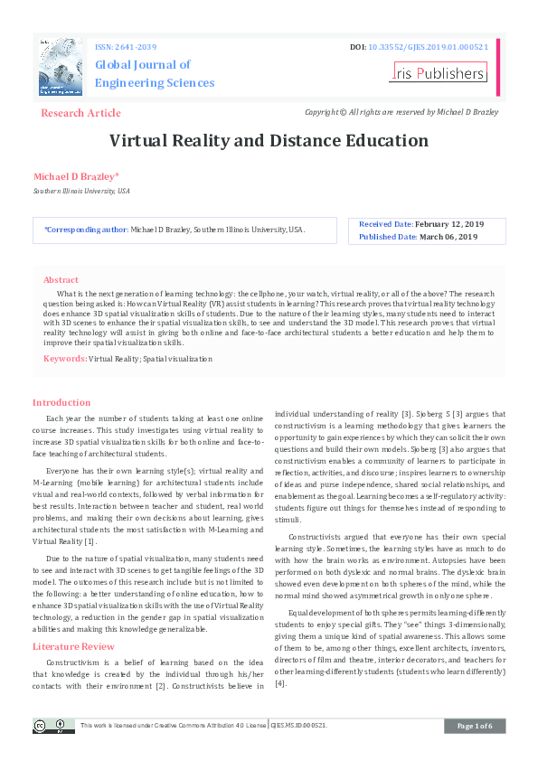 (PDF) Virtual Reality and Distance Education
