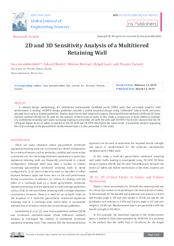 (PDF) 2D and 3D Sensitivity Analysis of a Multitiered Retaining Wall